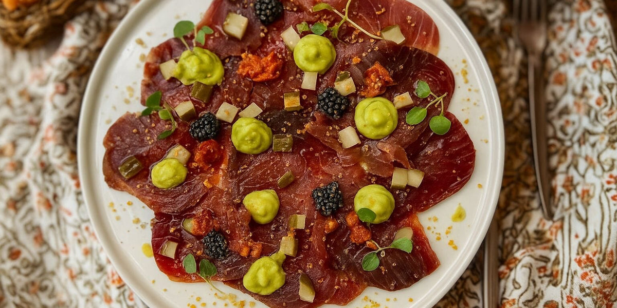 Smoked Tuna Carpaccio with Avocado Purée, Pickles, Calabrian Chili and ...