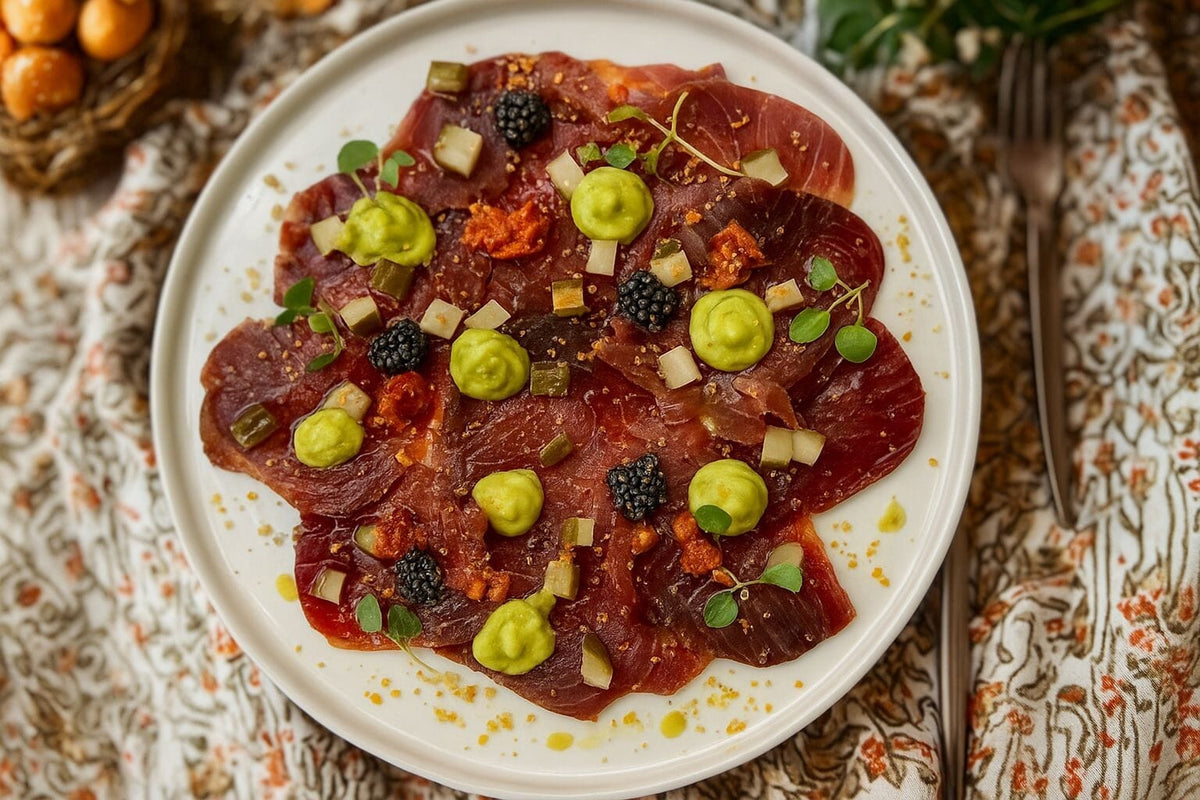 Smoked Tuna Carpaccio with Avocado Purée, Pickles, Calabrian Chili and ...