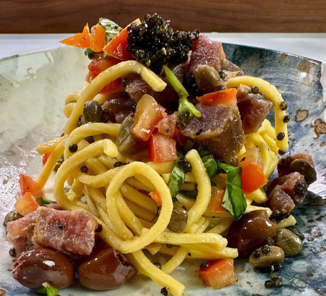 Tonnarelli with Smoked Tuna, Capers, Olives and Caviar — Sogno Toscano